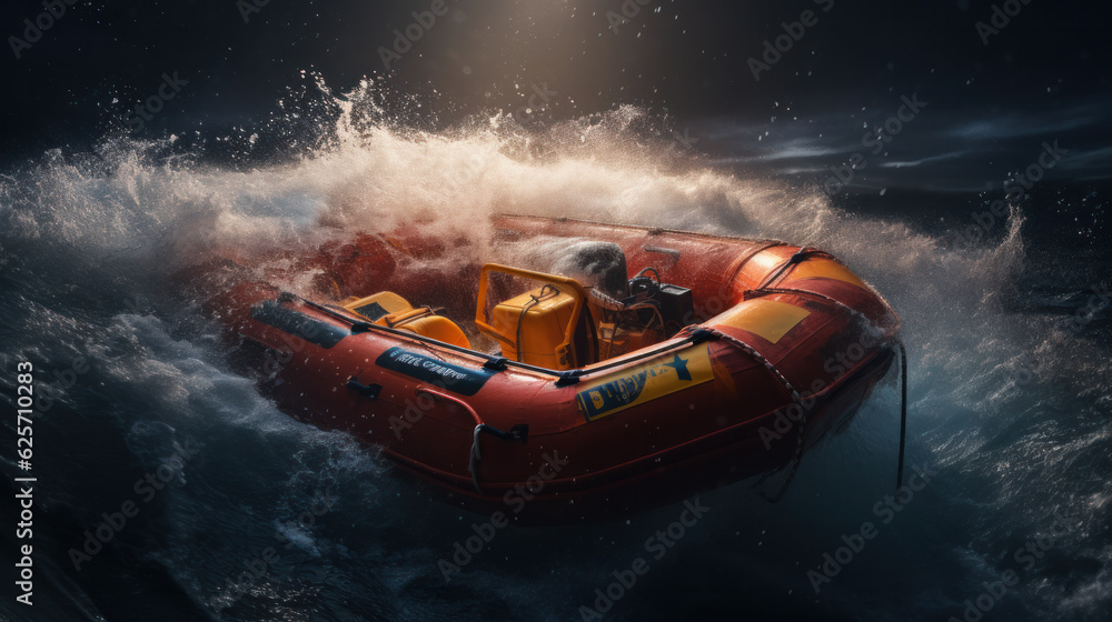 Orange rescue or coast guard patrol boat industrial vessel in blue sea ...