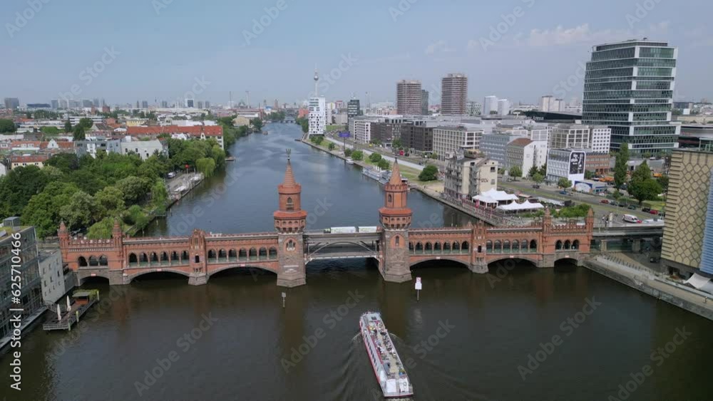 The drone aerial view of Oberbaum bridge across River Sprees, and view ...