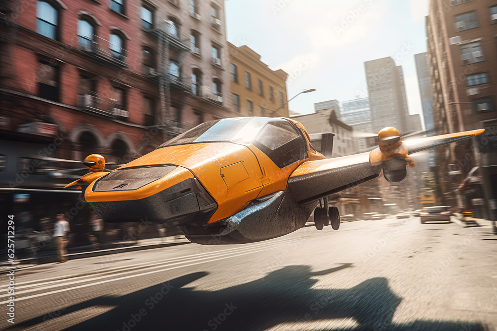 Generative AI illustration of high speed orange jet flying between ...