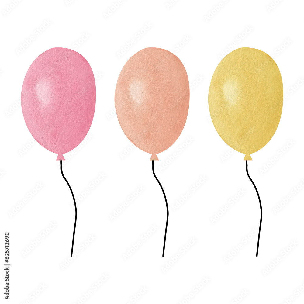 Watercolor collection of colorful party balloons of pastel colors: pink ...