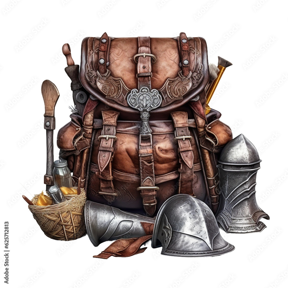 Knights weapons in a medieval satchel . isolated object, transparent ...