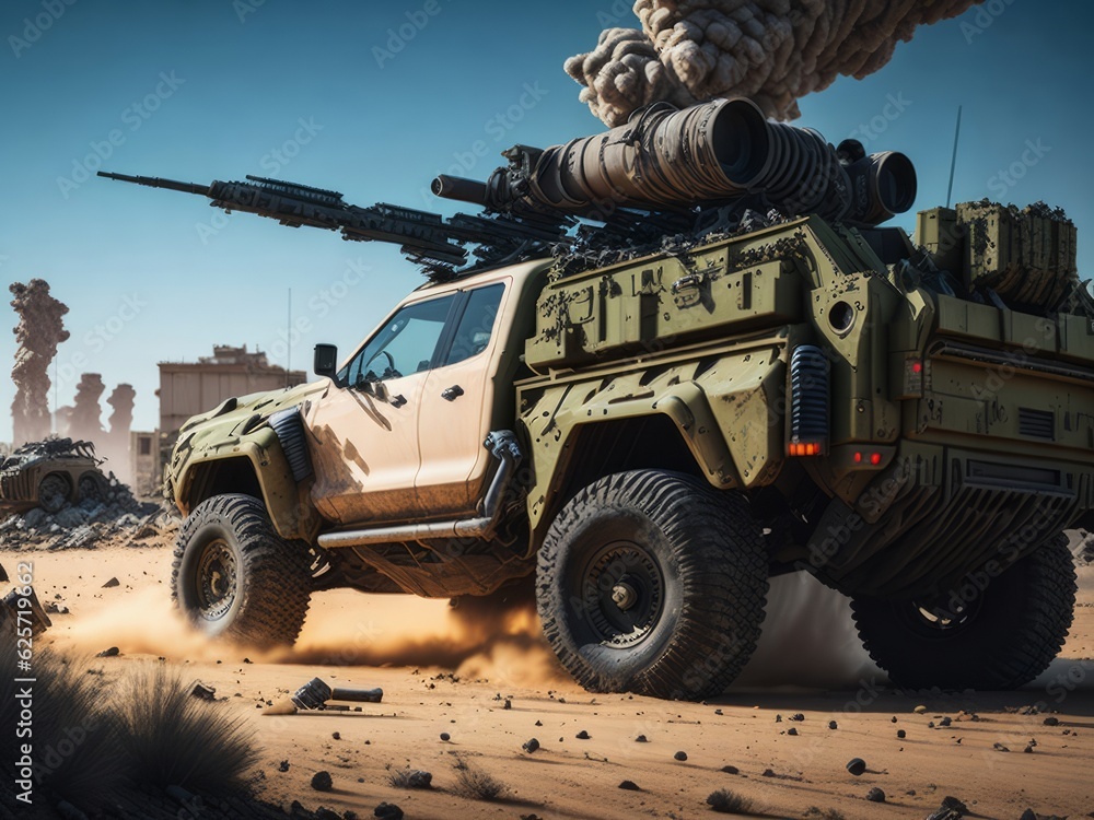 Military pickup truck with machine gun and fighters shooting through ...