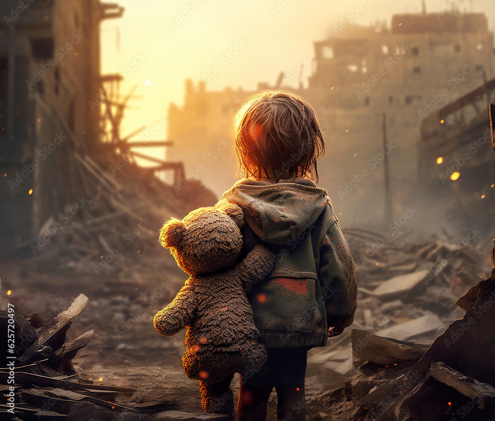 Child crying with his back poorly dressed with a teddy bear in a city ...