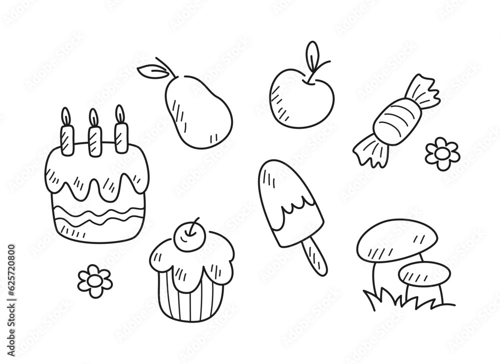 Doodle coloring page set. Outline sketch with sweets and cake, pear and ...
