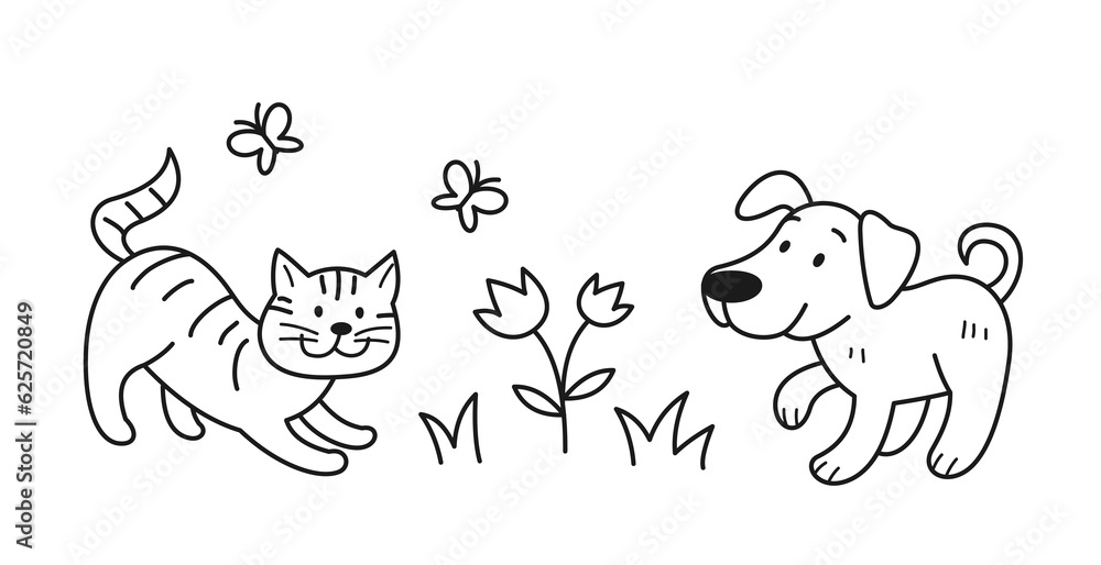 Doodle coloring page. Drawing with smiling dog and cat, flowers and ...
