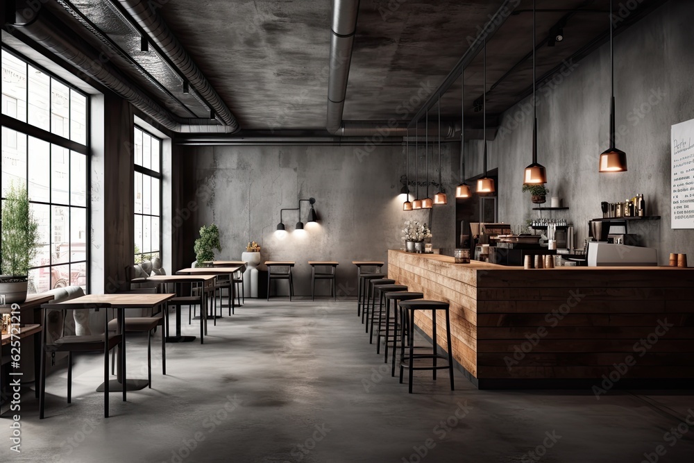 Modern and minimalistic cafe store design Concrete counters with a wall ...