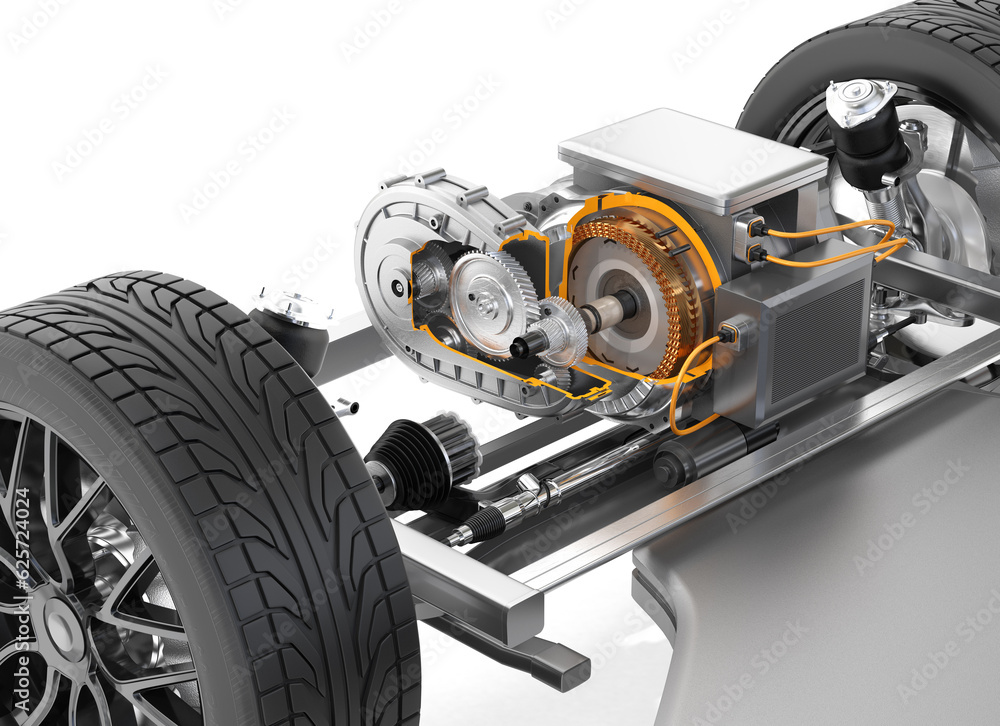 Cutaway view of Electric Vehicle Motor mounted on chassis. 3D rendering ...
