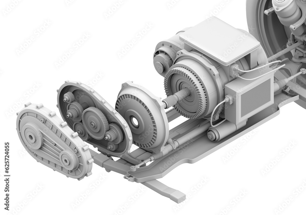 Clay rendering of Electric Vehicle Motor mounted on chassis. Exploded ...