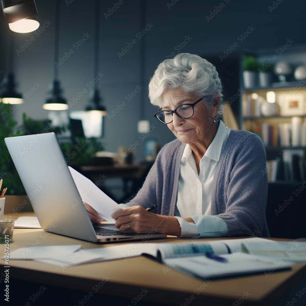 Old lady, woman, struggling using computer, confused tecnology, working ...