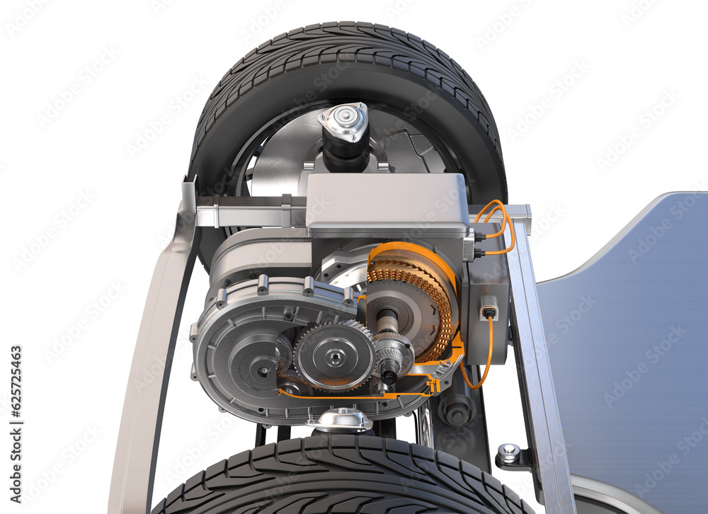 Cutaway view of Electric Vehicle Motor mounted on chassis. 3D rendering ...