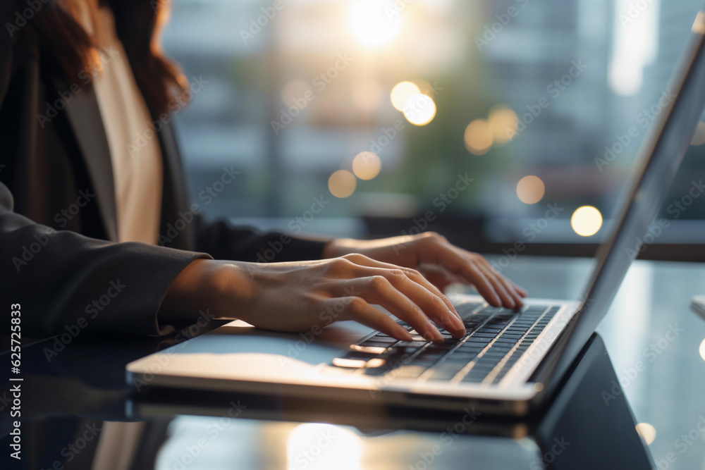 Woman's hands busy typing on laptop keyboard in the office. A female ...