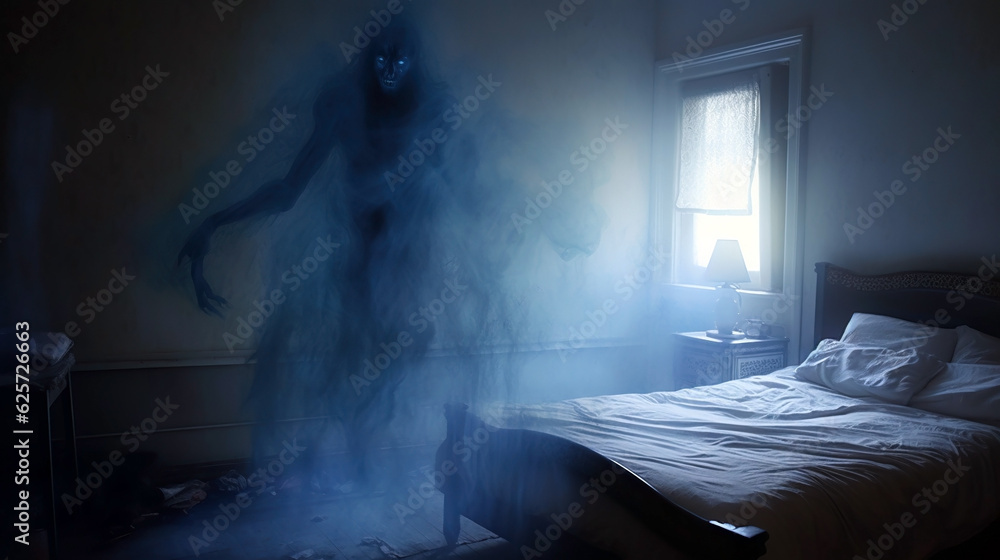 In a spooky Halloween illustration, a ghost hovers eerily in a bedroom ...
