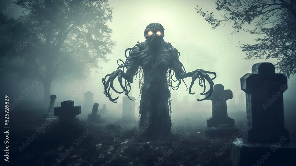 A haunting Halloween illustration depicts a spooky skeleton lurking ...