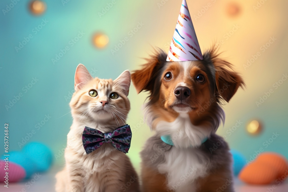 Cute cat and dog donning funny party clothes, captured in front of a ...
