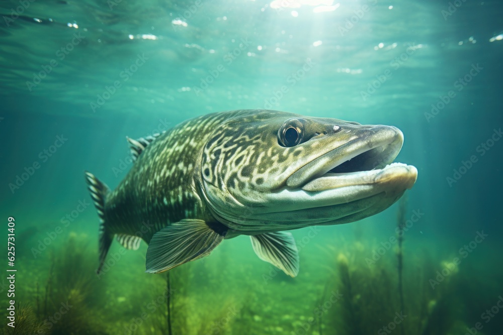 Fish under water portrait. Pike face closeup. Freshwater fishing ...