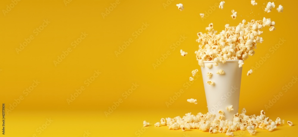 Popcorn in bucket on yellow background with empty space. Cinema ...