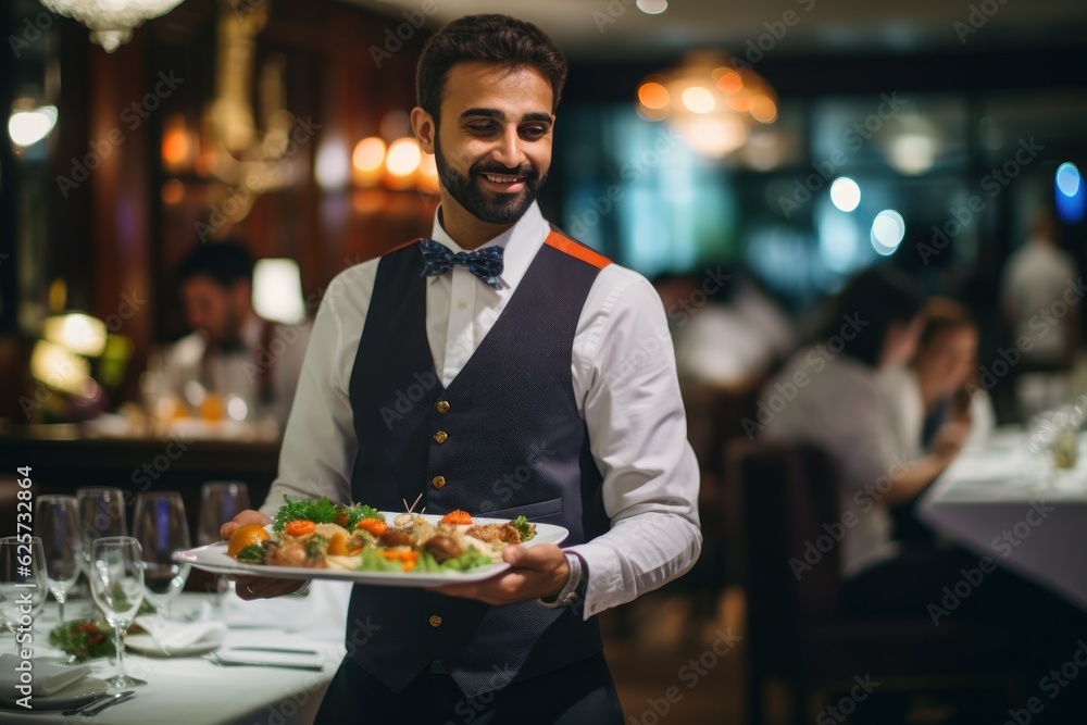 a handsome young smiling server waiter in restaurant with plates with ...