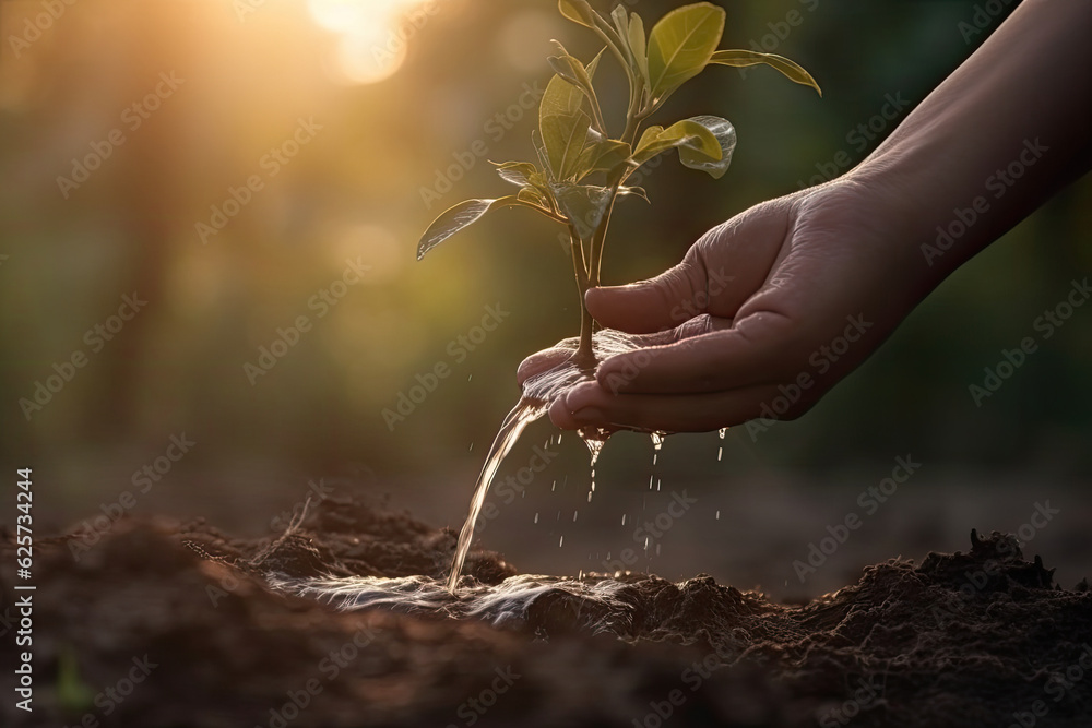 Hand watering a young tree to grow in the park at sunset. Environmental ...