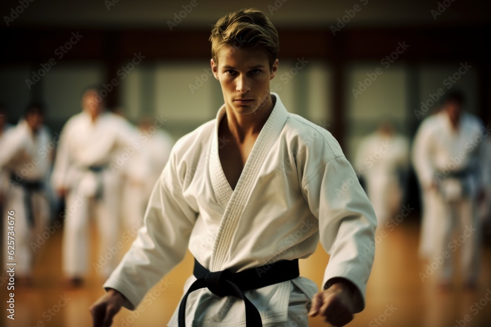 a karate asian martial art training in a dojo hall. young man wearing white kimono and black ...