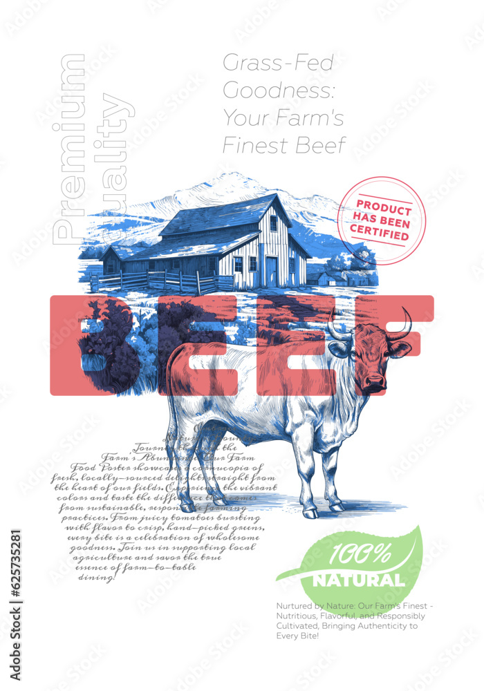 Beef shop poster with vintage cow sketch on rustic barn background ...