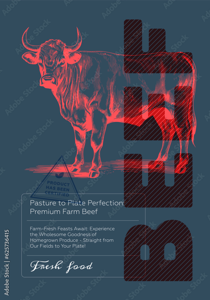 Beef shop poster. Vintage sketch cow stand on colored background ...