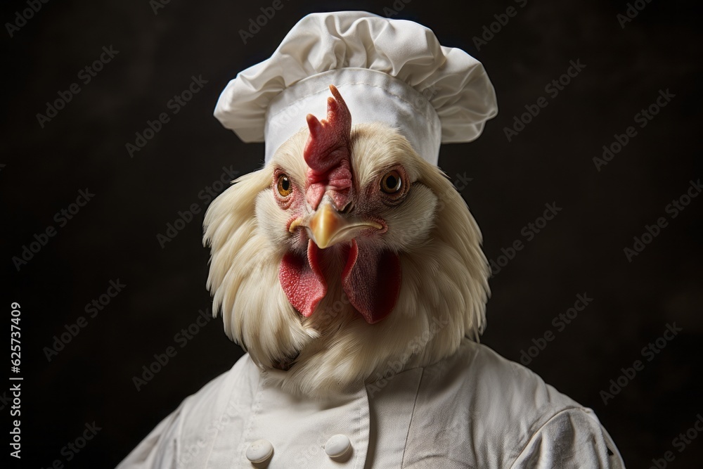 Portrait of a hen wearing chef hat and uniform on black background ...