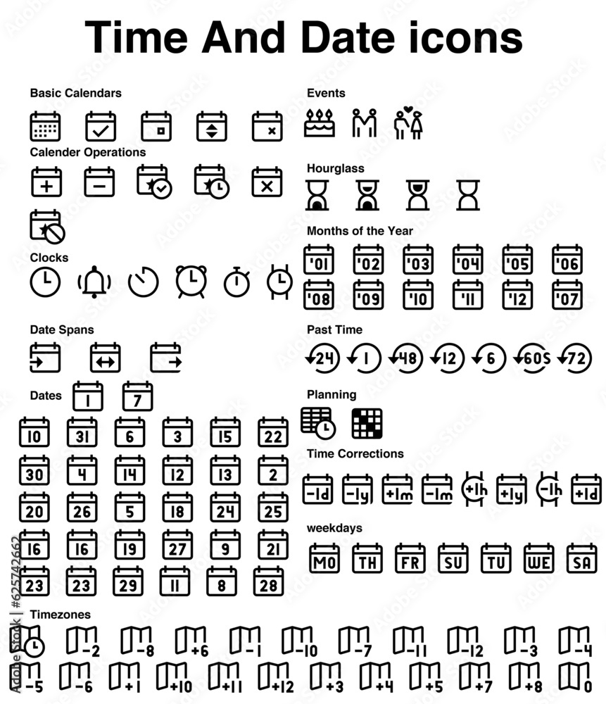 Time and Date icons.Address, home icon. Notification bell icon. Stopwatch timer icon. date ...
