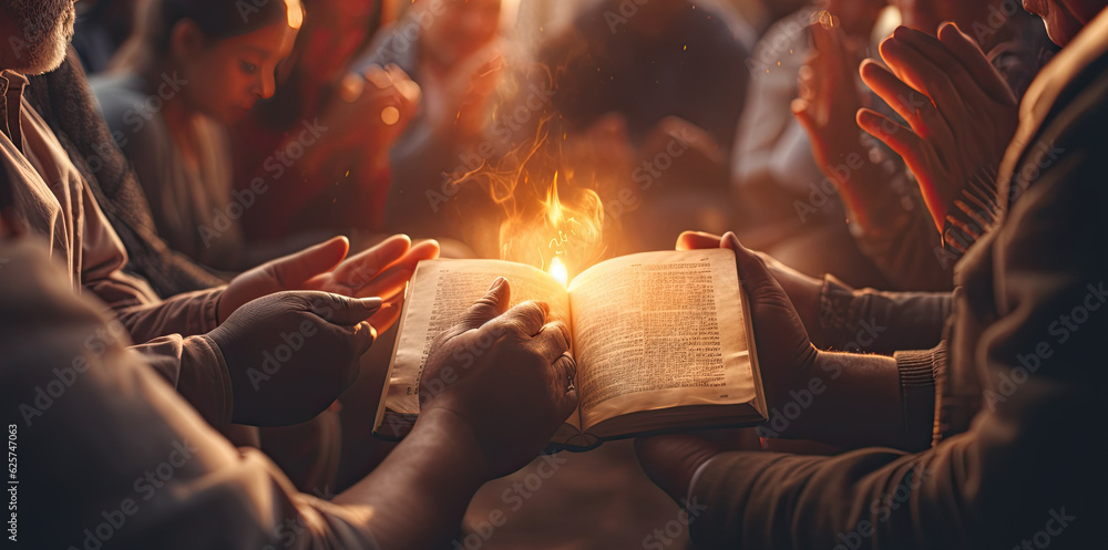 people stand around an open book and worship it, golden sparks fly out ...