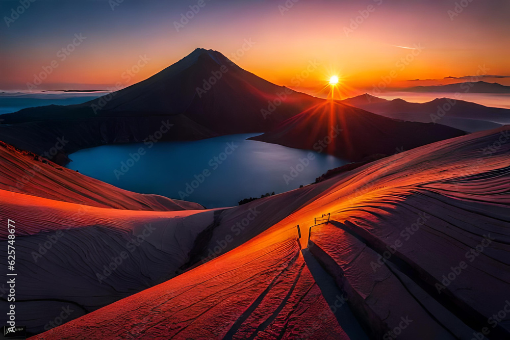 Volcanic mountain in morning with with a large crater. Golden sunset ...