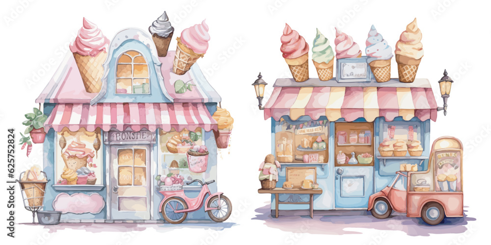 Vetor de watercolor Cute Ice Cream Shop clipart for graphic resources ...