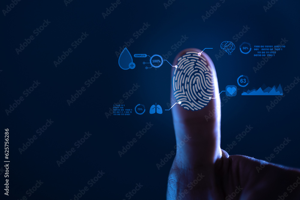 Male thumb scanning finger to measure heart rate, lung function, brain ...