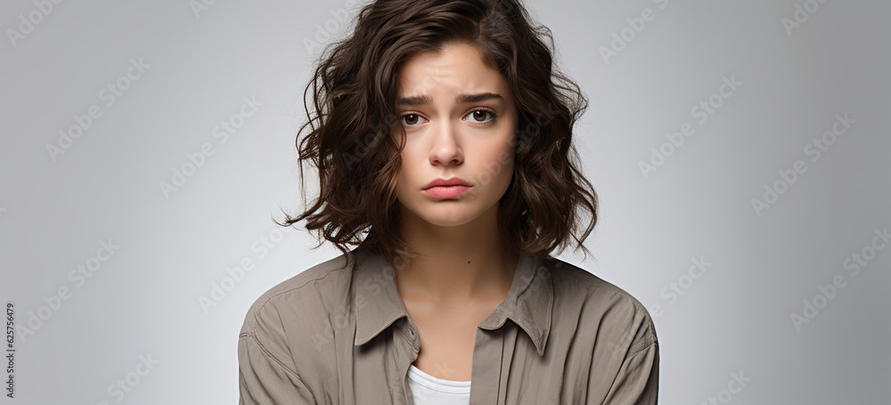Young adult woman with sad expression on flat color background. Emotion ...