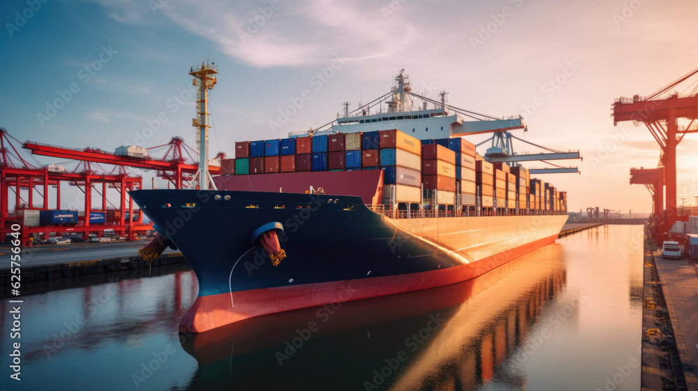 Aerial side view of cargo ship carrying container and running for ...