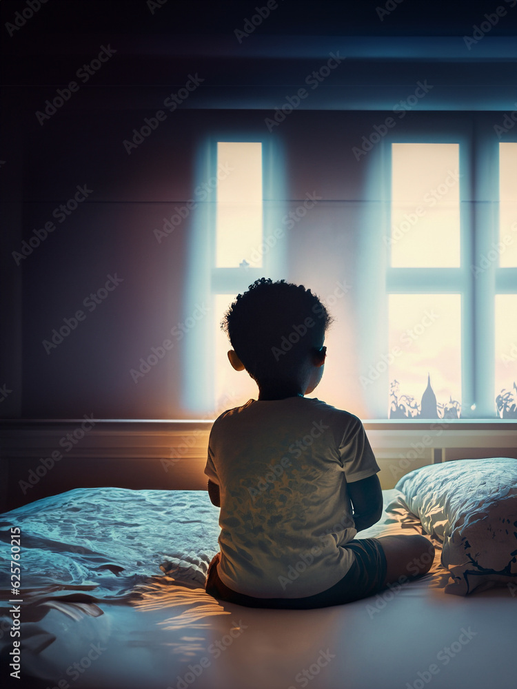 Sad kid child alone in bedroom. Abuse. Depression girl indoors. Family ...