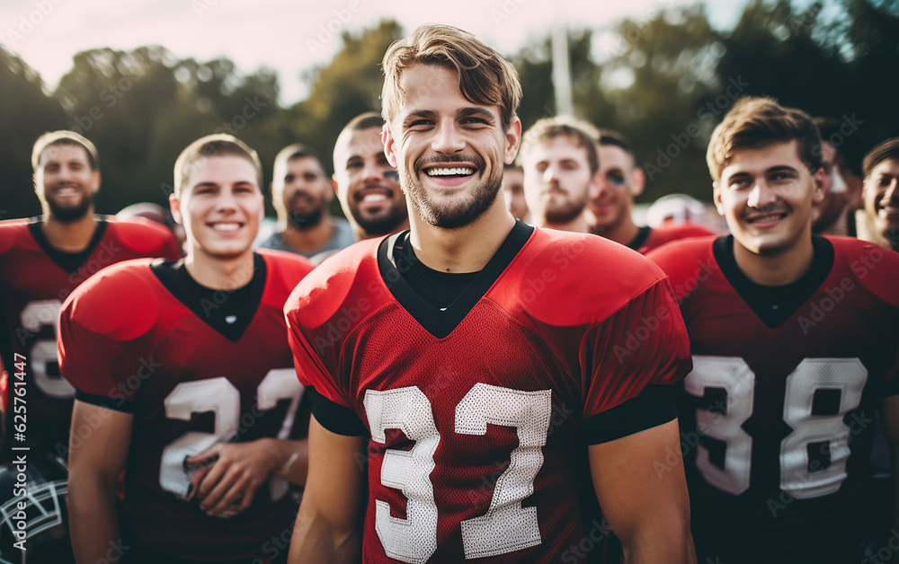 Smiling american football players standing together on a sports field ...