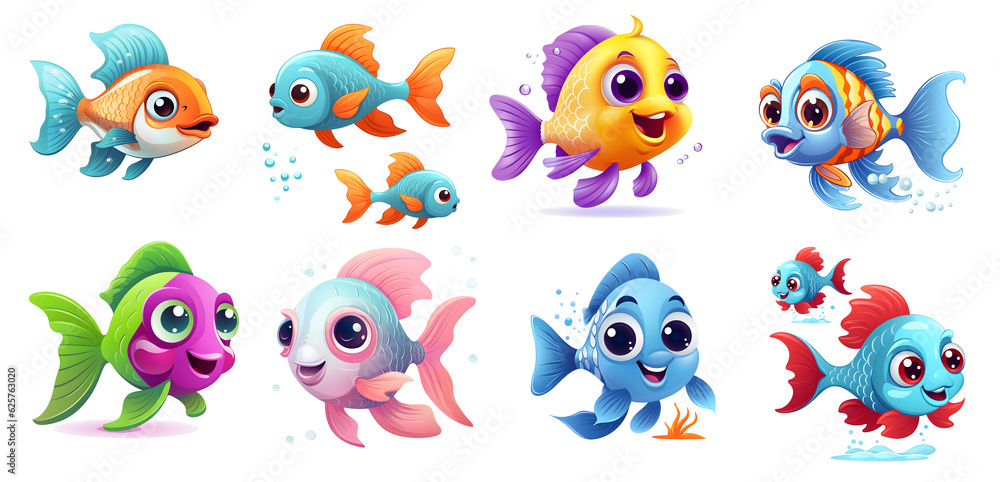 set of cute fishes Sticker, fish Clipart on isolated background, png ...