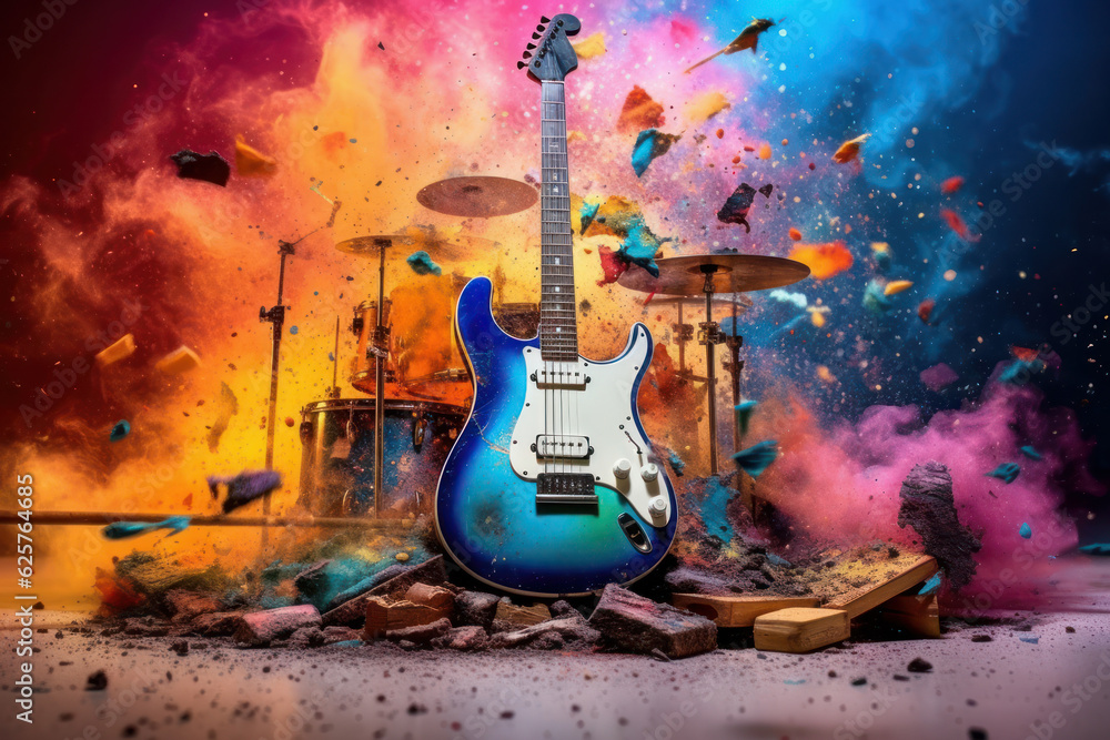 rock music instruments exploding with colourful,Generative AI Stock ...