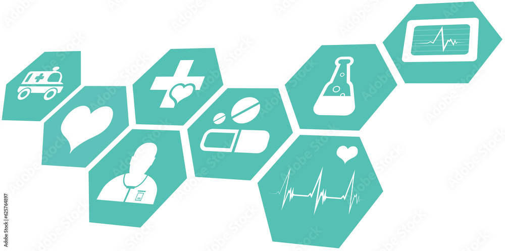 Digital png illustration of medical symbols in hexagons on transparent ...