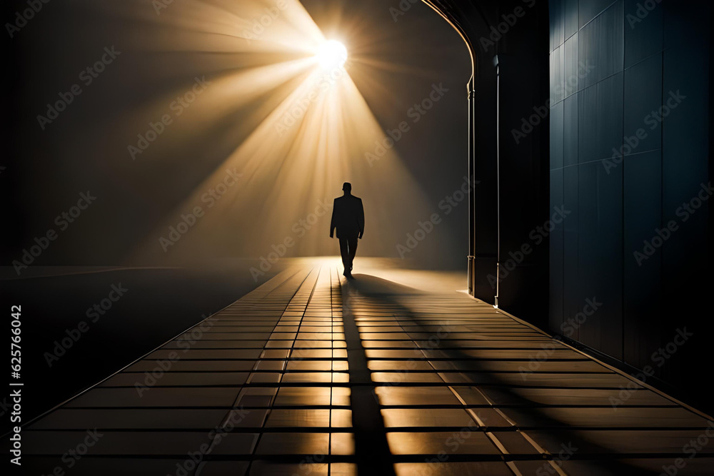 Mysterious silhouette of a man walking on the street night. Spotlight ...