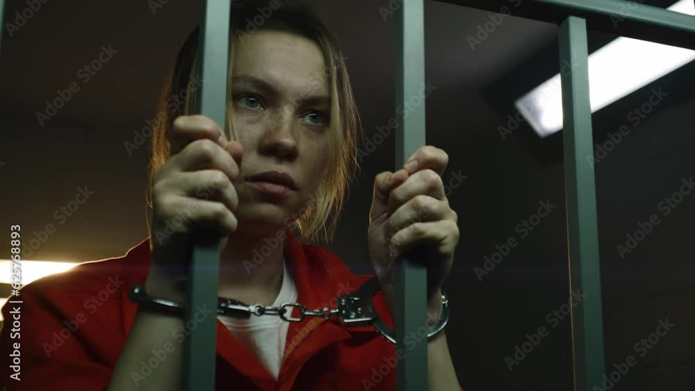 Shocked female prisoner in orange uniform holds metal bars, stands in ...