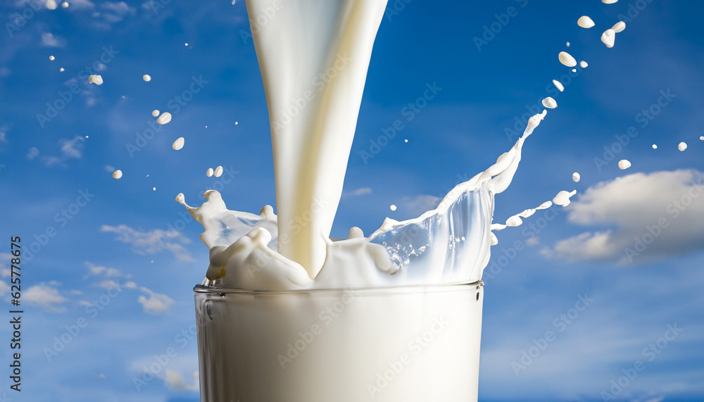 milk stream pouring into glass creating splashes with blue sky with ...