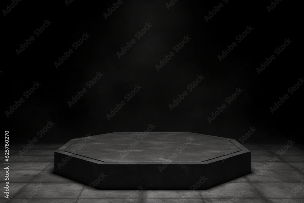 Black cement and concrete octagon stage podium with spotlight and dark ...