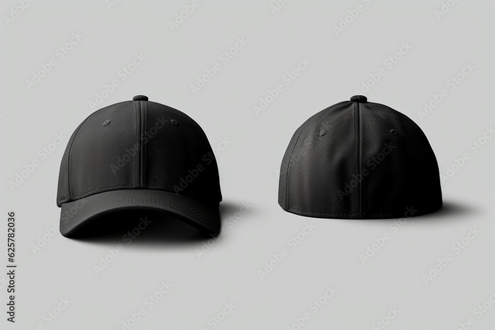 Black baseball caps mockup on a grey background, front and back side ...