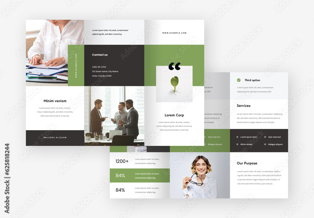 Elegant Trifold layout With Green Accent and Photo Placeholders Stock ...