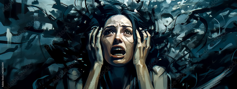 a portrait of horrified women, psycho and dismay, anger and hatred ...