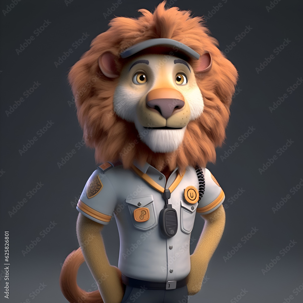Cartoon lion with police uniform and bulletproof vest looking at camera ...