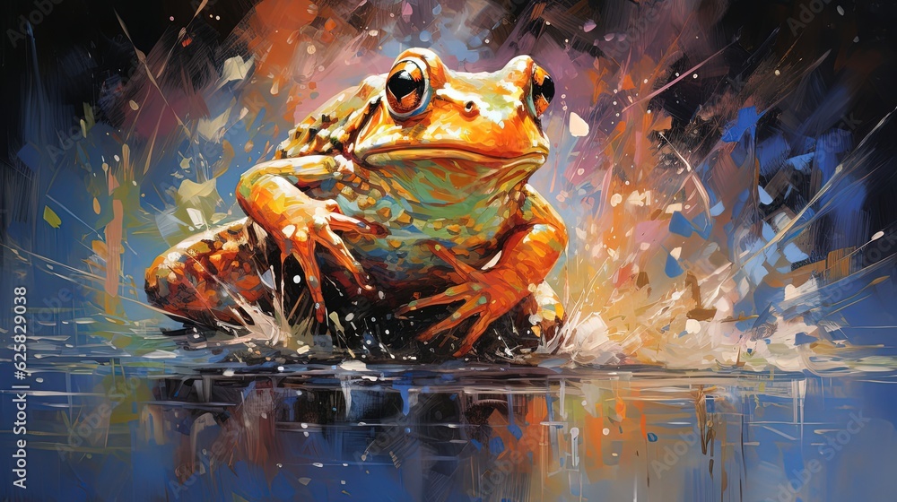 painting style illustration, frog jumping in pond with water splash ...