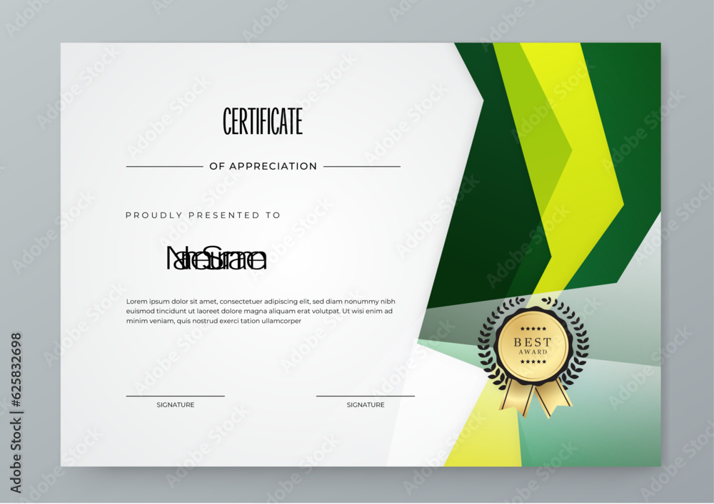 Certificate template with geometry frame and gold badge. White ...