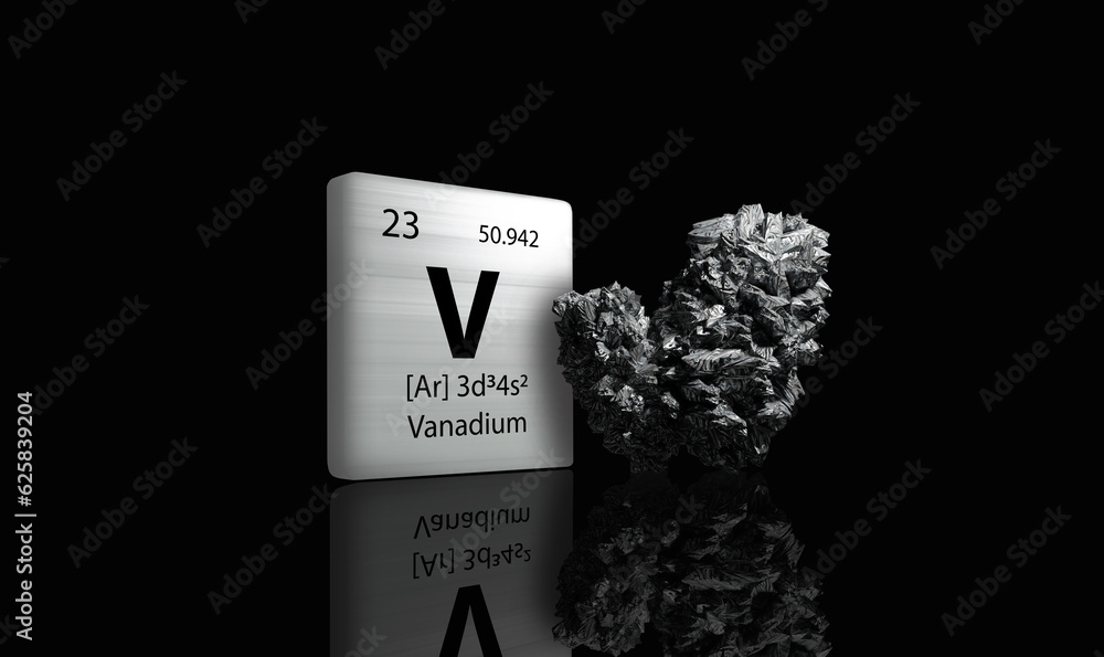 Vanadium element on a metal periodic table with silvery grey metamictic ...