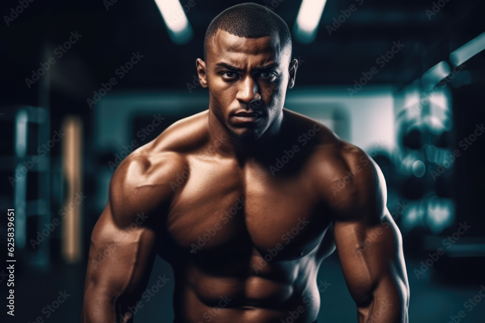 Bodybuilder athlet man pumping up muscles in the gym. Brutal strong ...